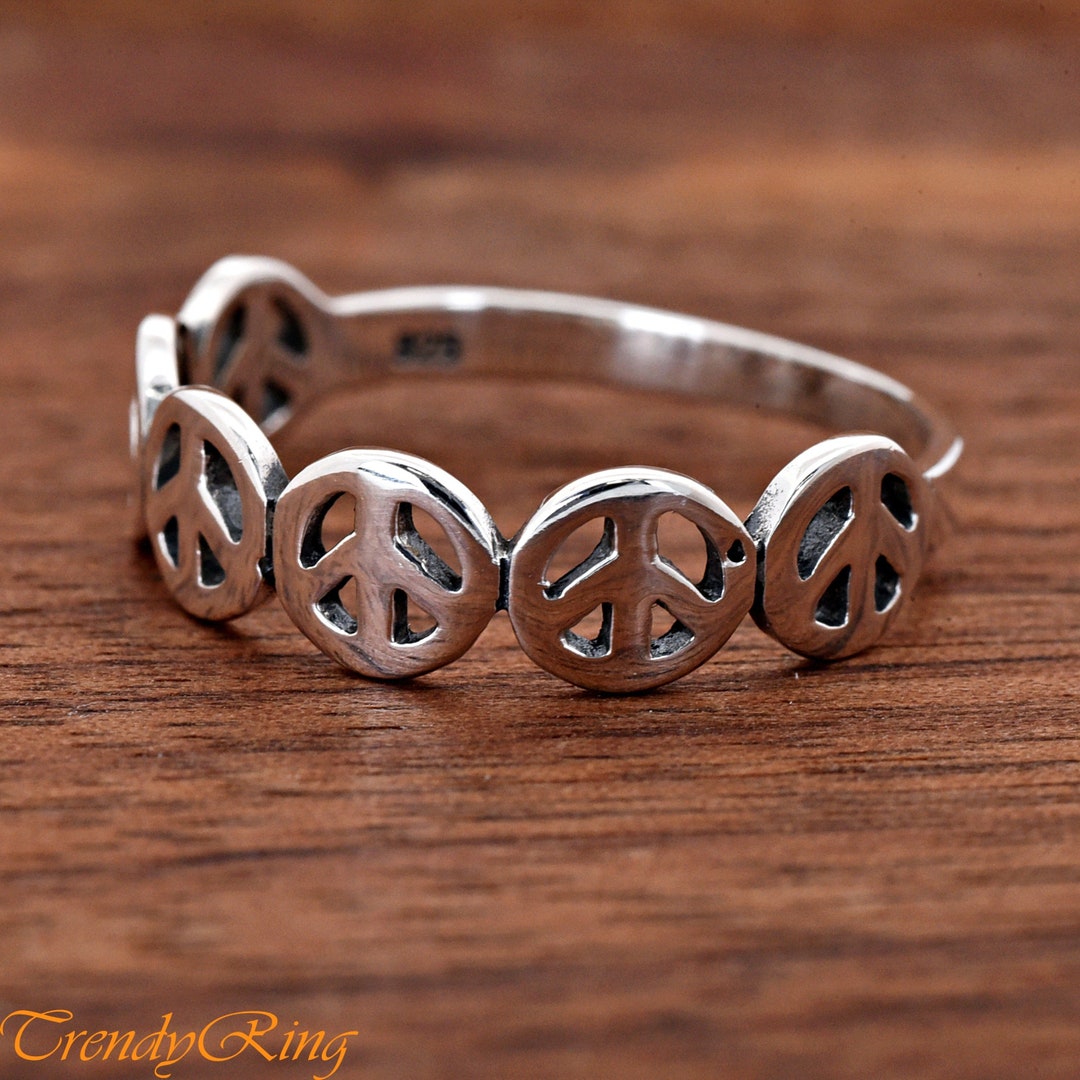 Peace Sign Symbol Half Eternity 925 Sterling Silver Ring, Peace Symbol ...