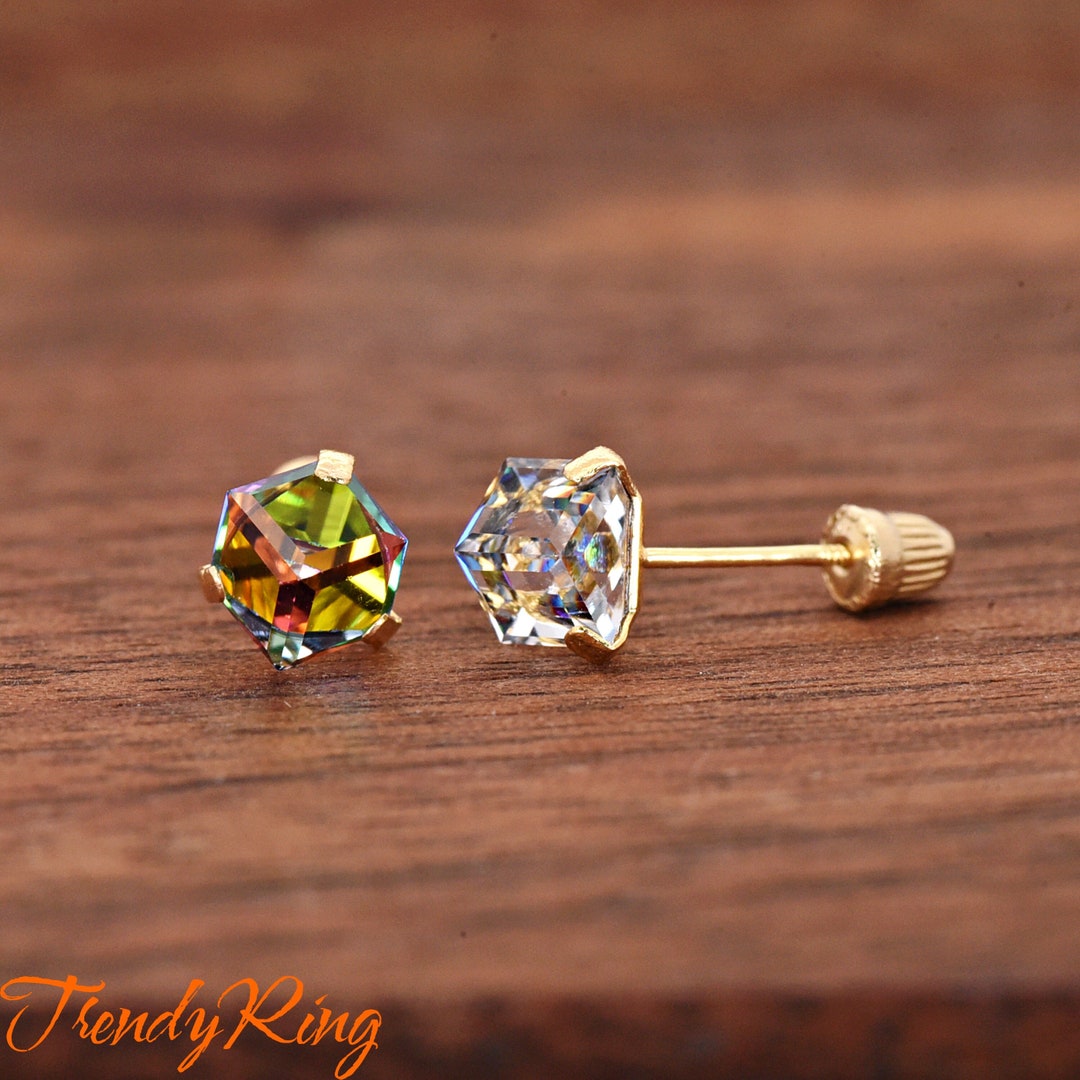 14k Yellow Gold 4mm Rainbow Mystic Topaz Color Cube CZ Prong Set ...