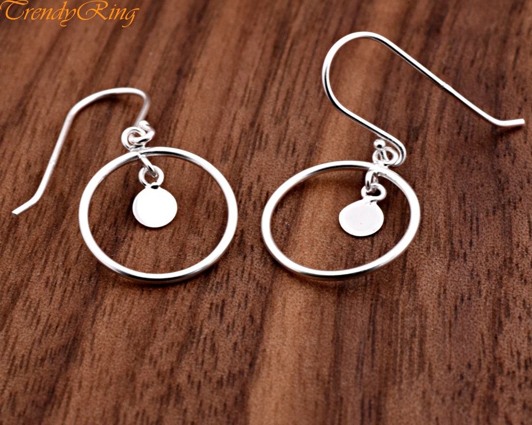 Karma Disc Inside Dangle Fish Hook Silver Earring / Solid 925 Sterling ...
