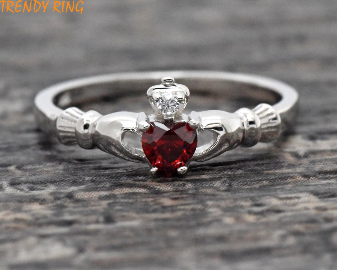 Heart Claddagh Wedding Ring Silver | Synthetic Dark Red Garnet CZ ...