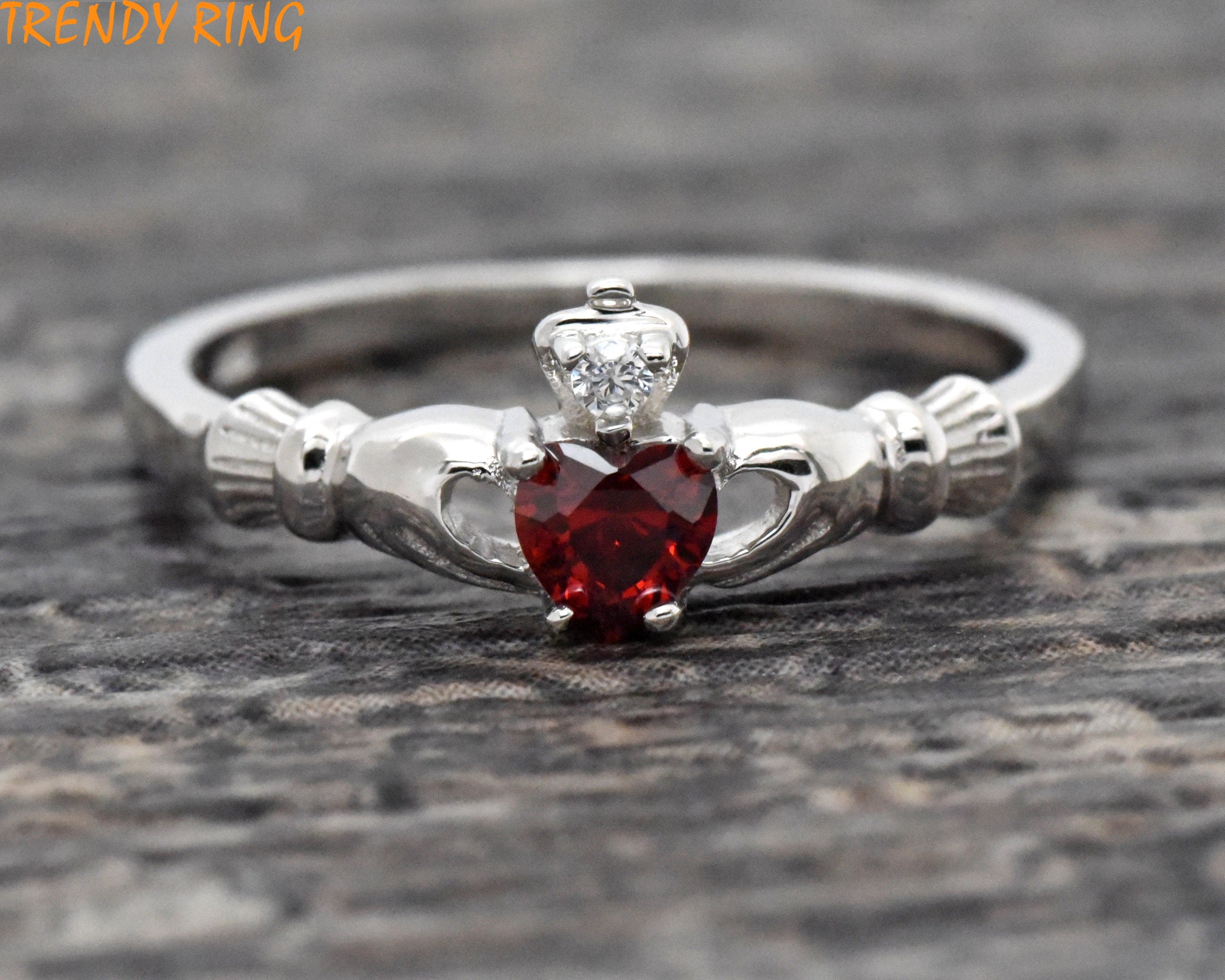 Heart Claddagh Wedding Ring Silver Synthetic Dark Red Garnet | Etsy