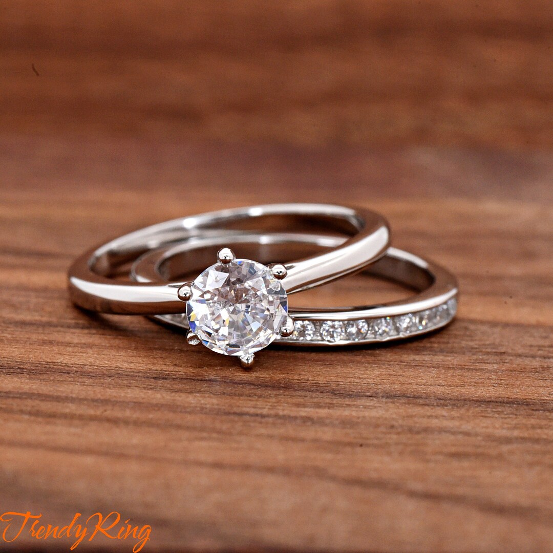 Solid 925 Sterling Silver Bridal Wedding Ring Set Six Prong Set ...