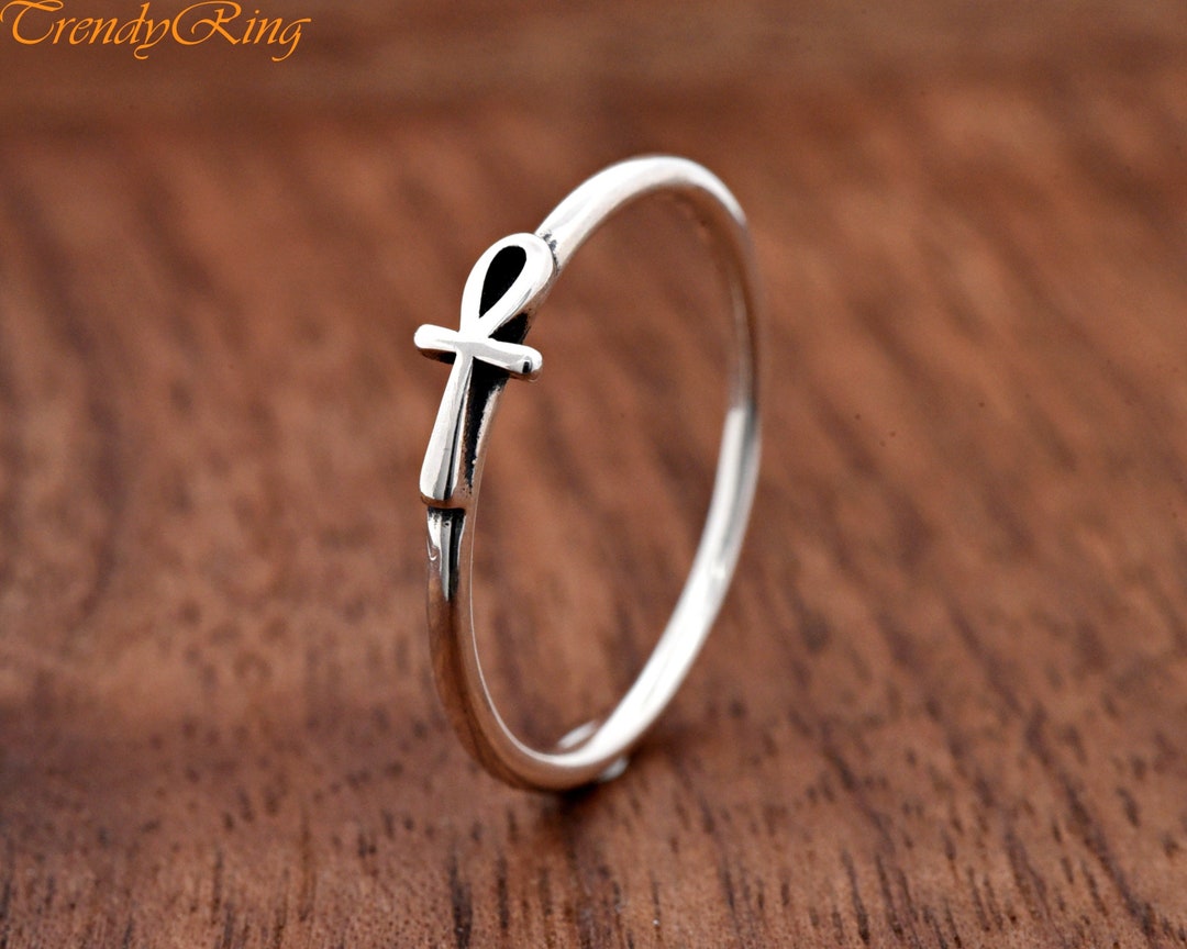 Solid 925 Sterling Silver Dainty Tiny Ankh Cross Ring, Sideways Ankh ...