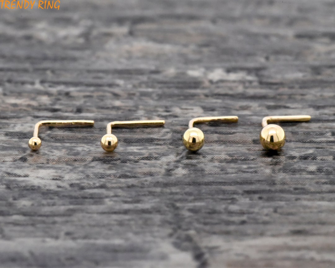 Solid 14K Yellow Gold Ball L Shape Bend End Nose Ring, 23 Gauge 14K ...