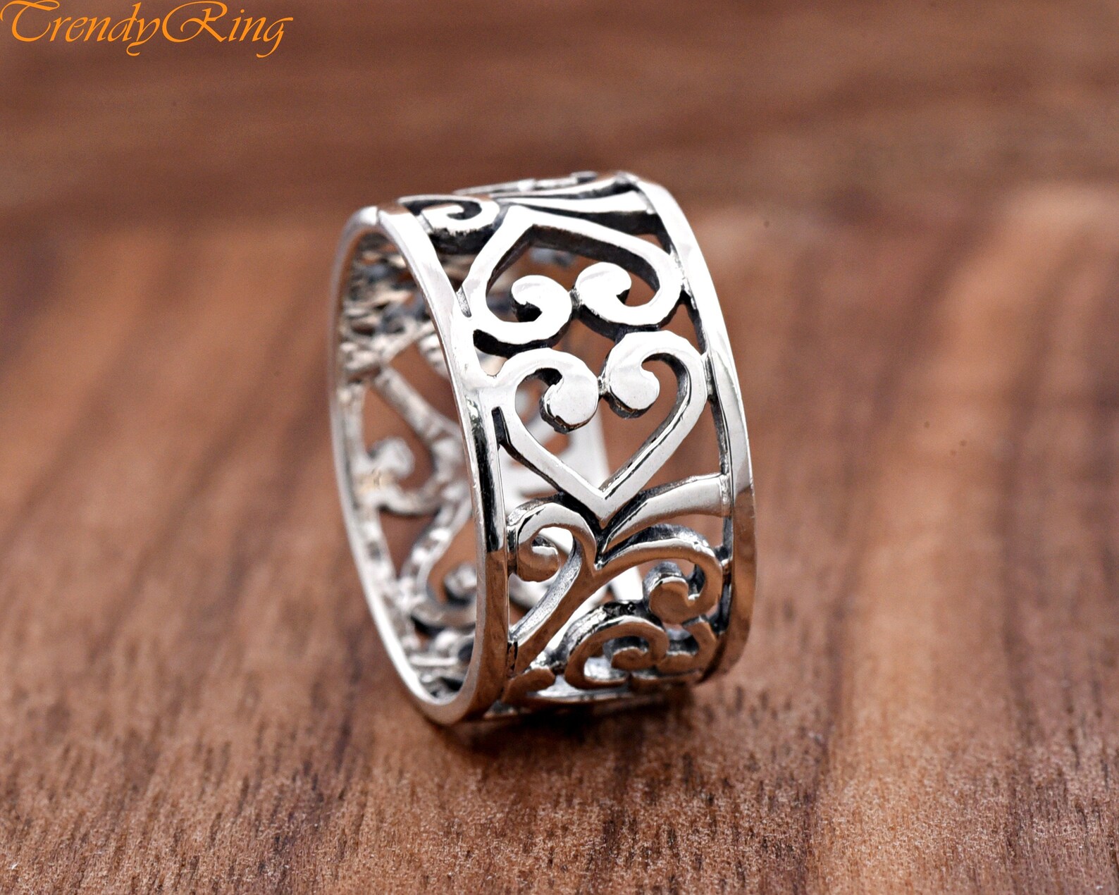 10mm Width Filigree Heart Cut Out Silver Ring Band | Solid 925 Sterling ...