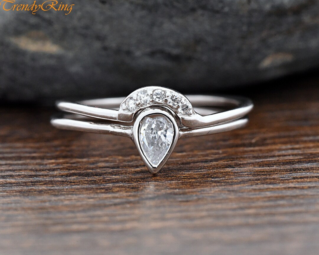 Teardrop CZ Bezel Set Art Deco Wedding Ring Set, Womens Wedding Band ...
