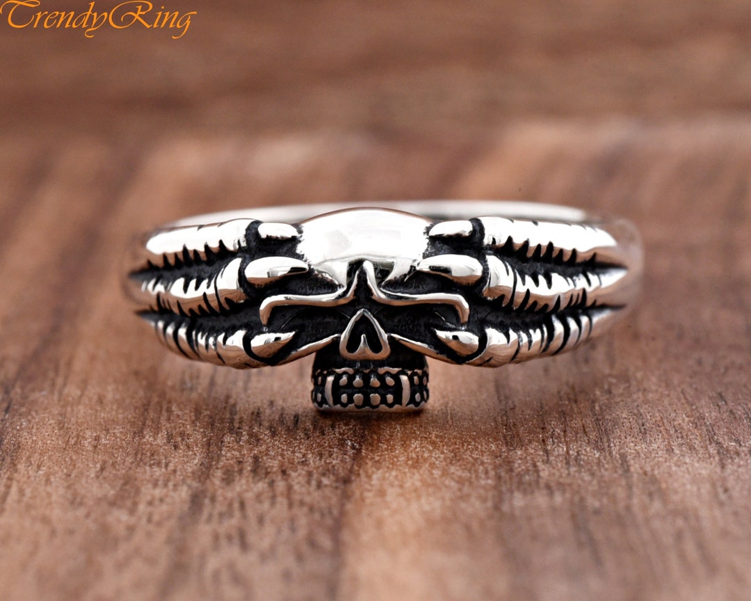 9mm Gothic Style Skeleton Head Skull Claw Sides Ring Solid 925 Sterling ...