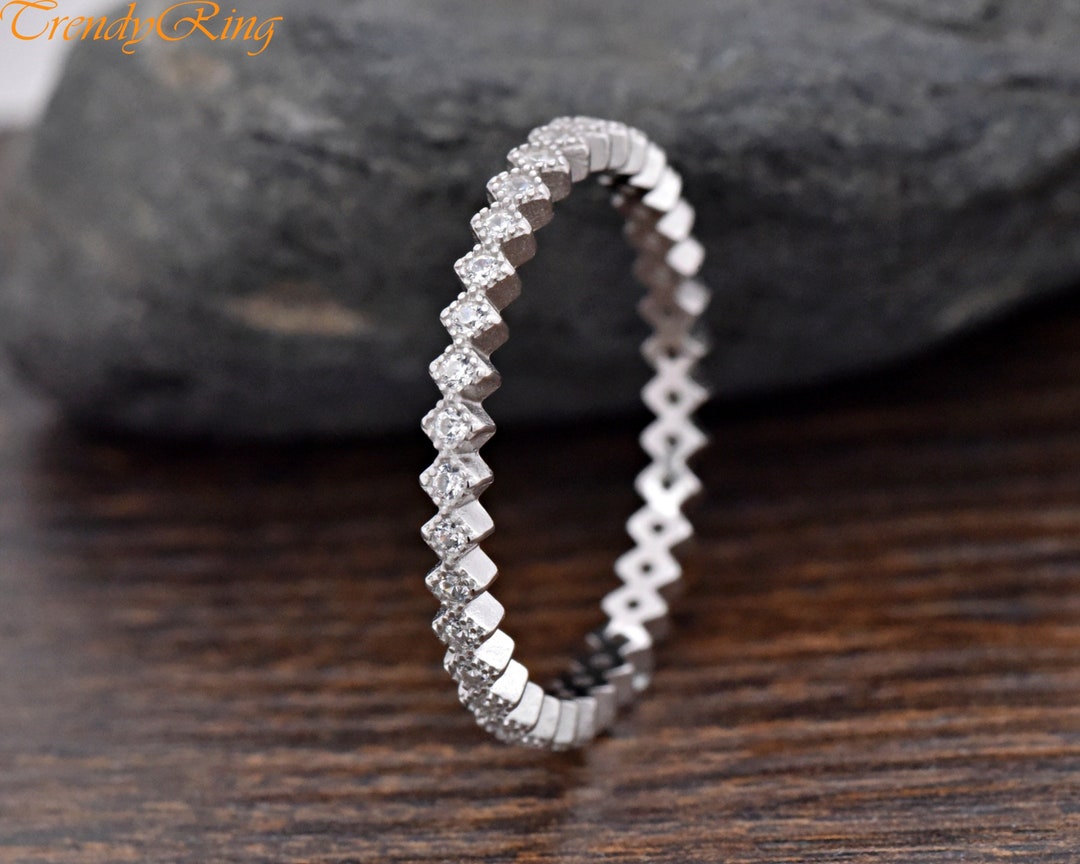 Sterling Silver 2mm Thin Rhombus Pattern Full Eternity Band Clear Cubic ...