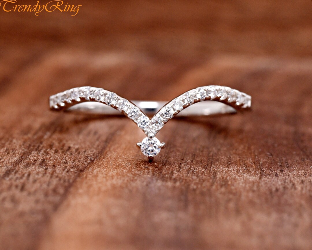 CZ Pave Set V Shape Wishbone Chevron Stackable Sterling Silver Ring Round CZ Point - Etsy