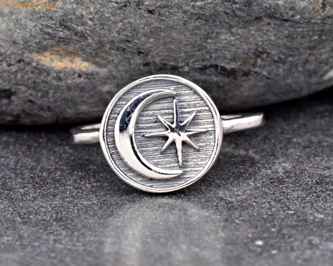 Toe Ring Signet Style Crescnet Moon Star Silver Toe Ring Solid 925 ...