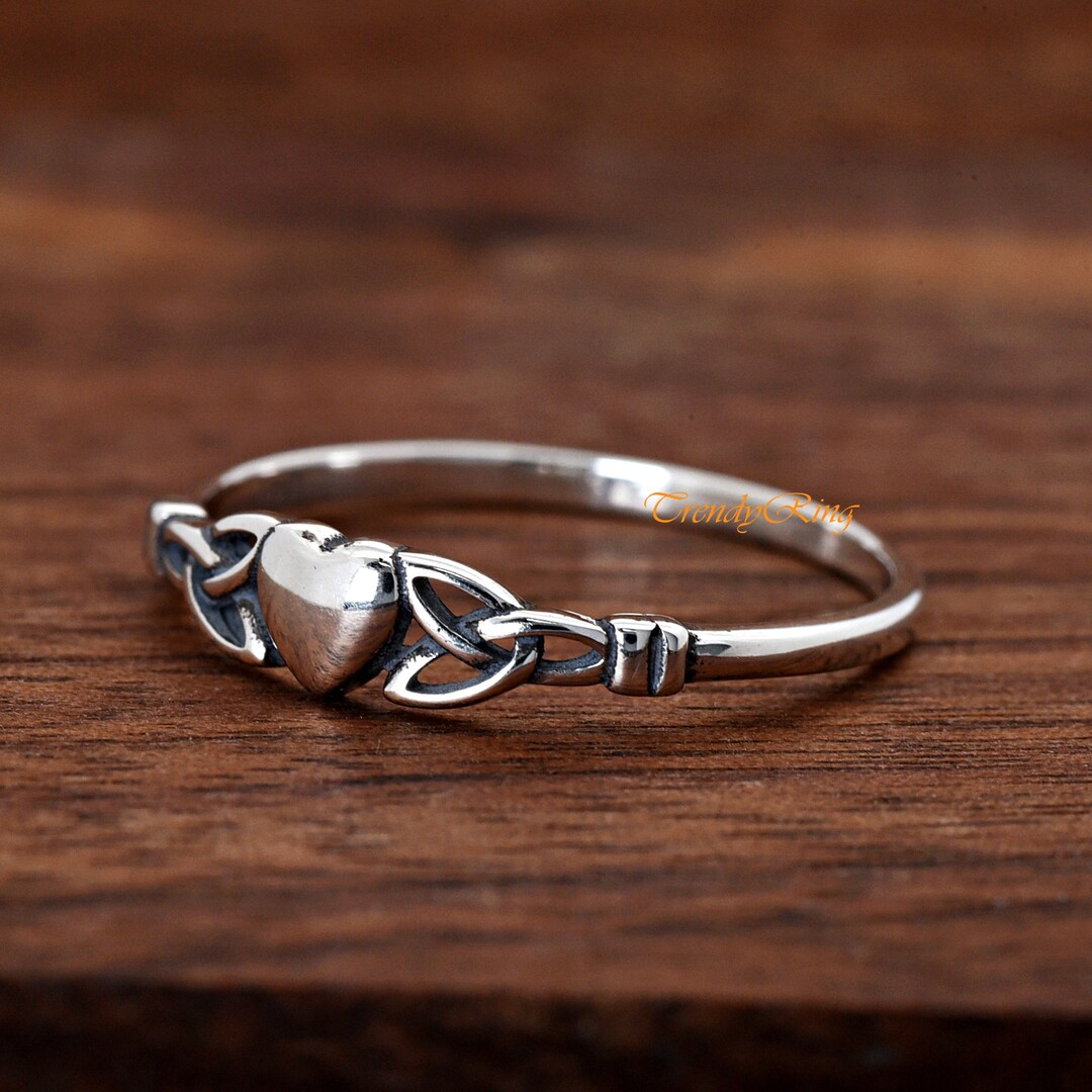 Solid 925 Sterling Silver Dainty Heart Trinity Knot Side Statement Ring ...