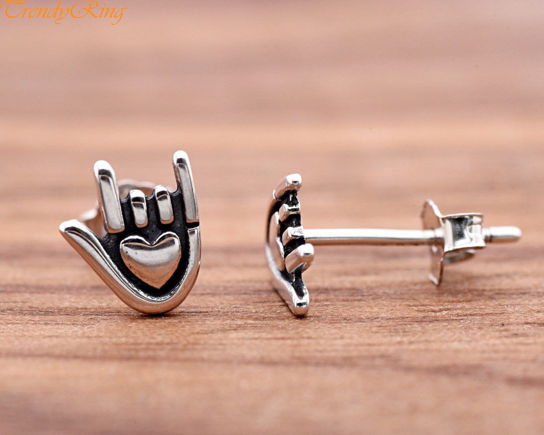 8mm Dainty I Love You ILY Hand Sign Language Studs Sterling Silver Push ...