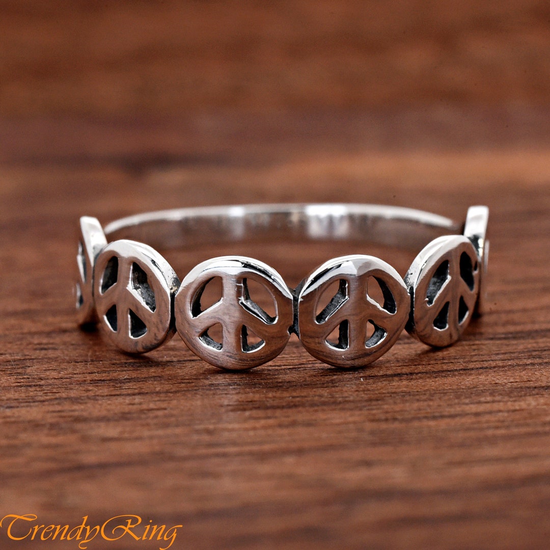 Peace Sign Symbol Half Eternity 925 Sterling Silver Ring, Peace Symbol ...