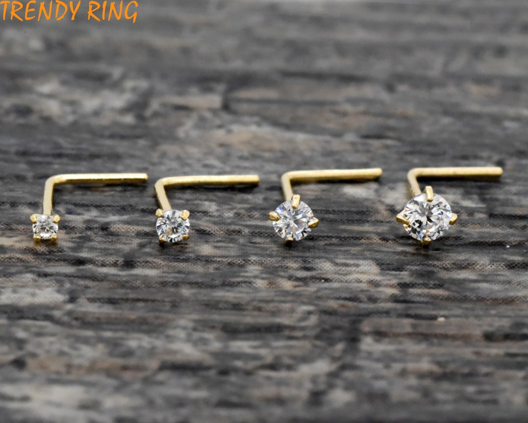 Dainty Solid 14K Gold L Shape Bend Nose Ring, 23 Gauge 14K Gold Round ...