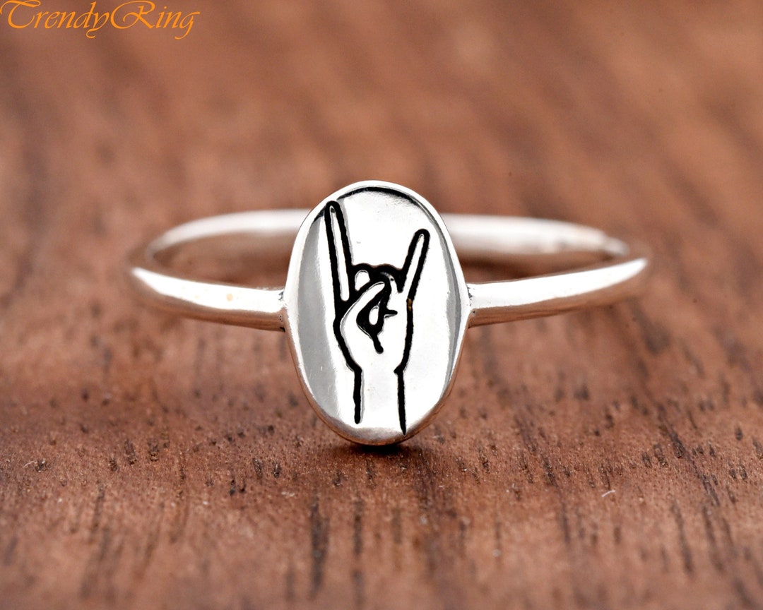 Oval Disc Signet Style With Rock and Roll Hand Sign Engraved Ring, Sign ...