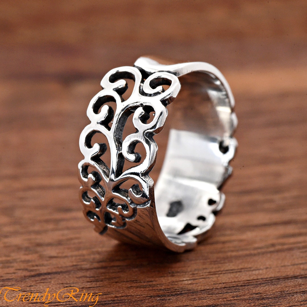 Solid 925 Sterling Silver Filigree Cut Out Leaves Vine 9mm Ring Band ...