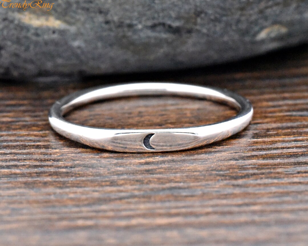 Dainty Tiny Crescent Moon Engraved Ring, Signet Style 2mm Band With ...