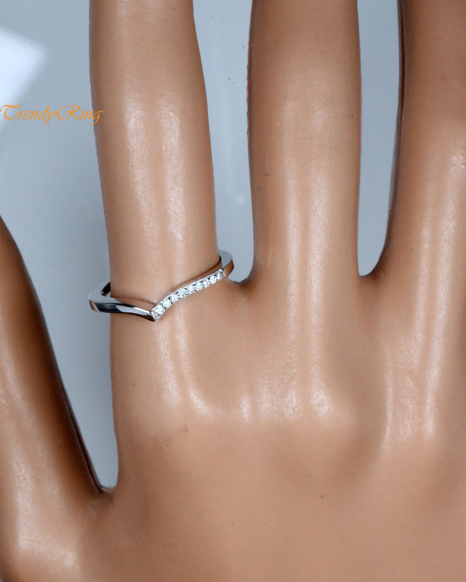 Low V Shpae Wishbone Ring Half CZ Set, Solid 925 Sterling Silver ...