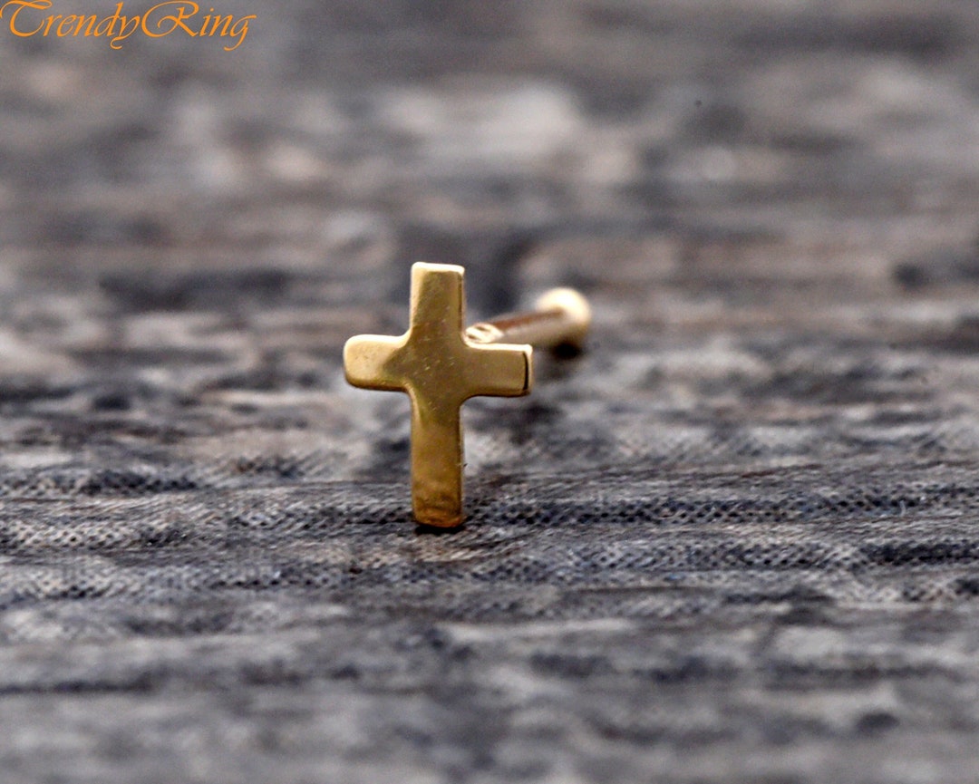 Tiny Solid 14K Gold 5mm Cross Nose Bone Ring, 23 Gauge 14K Gold ...