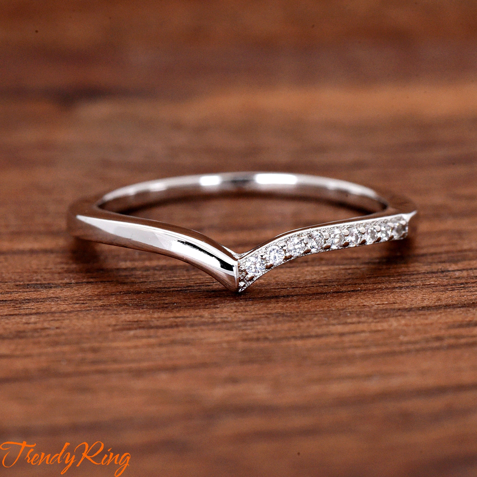 Low V Shpae Wishbone Ring Half CZ Set, Solid 925 Sterling Silver ...