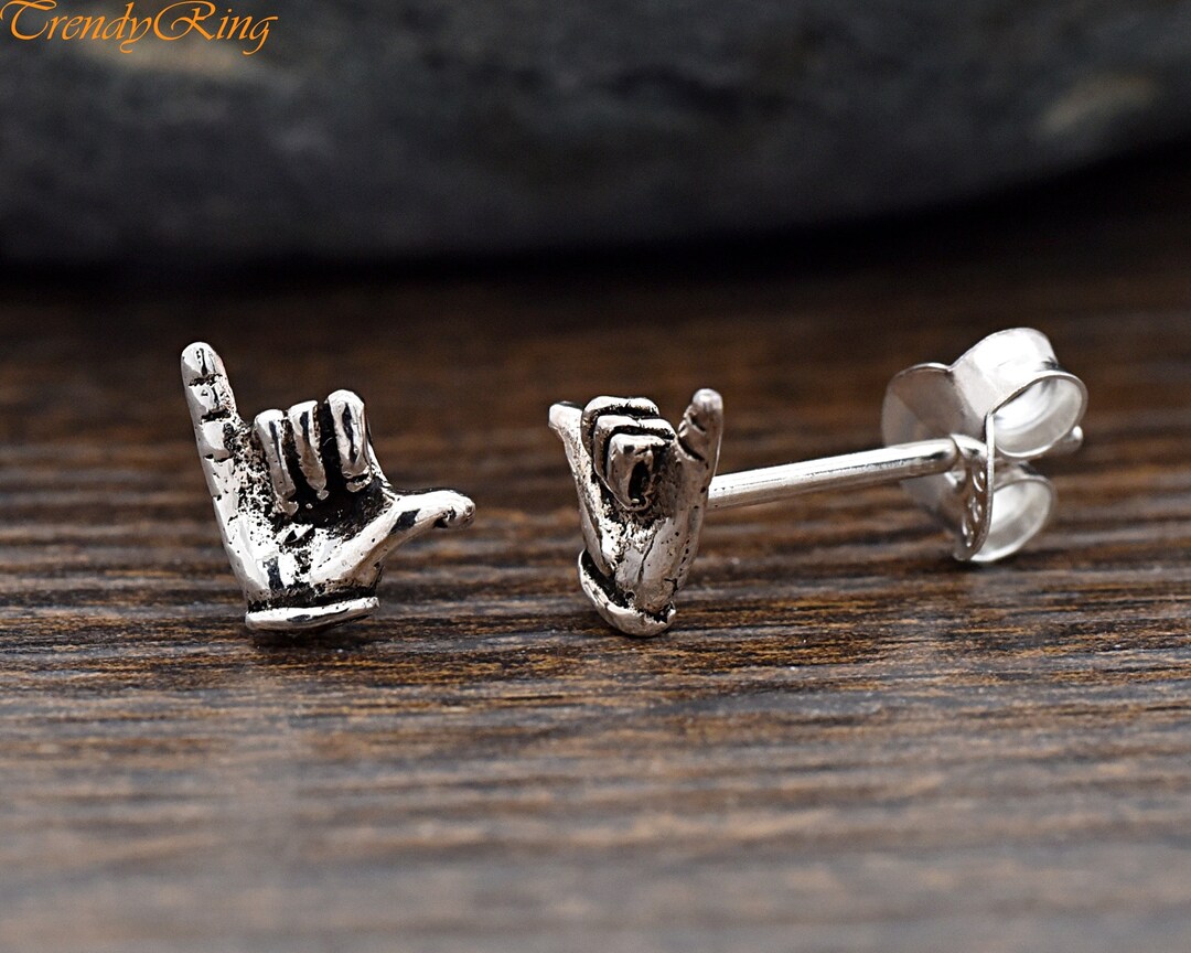 9mm Dainty Hawaiian Shaka Hand Sign Language Studs Sterling Silver Push ...