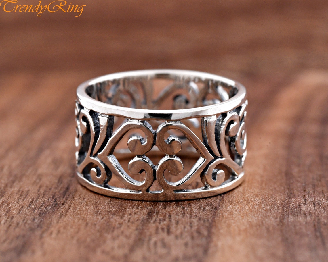 10mm Width Filigree Heart Cut Out Silver Ring Band | Solid 925 Sterling ...