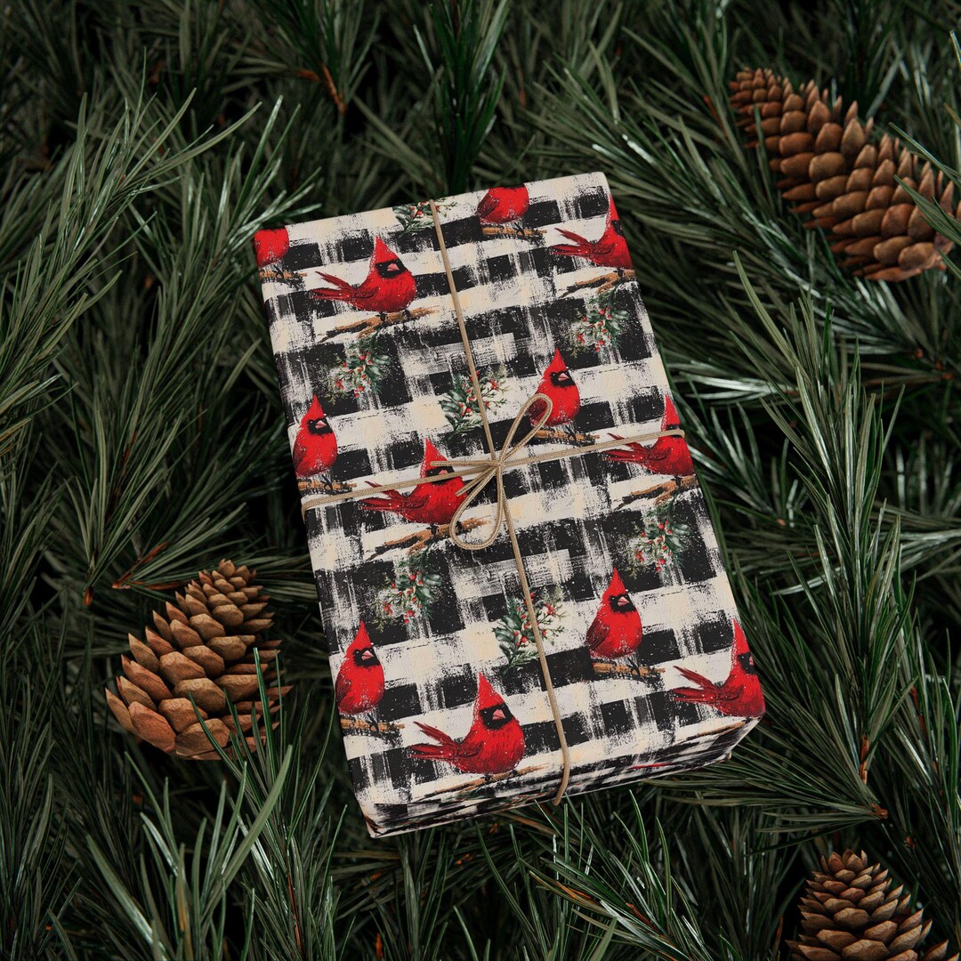 Red Cardinal Rustic Farmhouse Christmas Plaid Wrapping Paper, Vintage ...