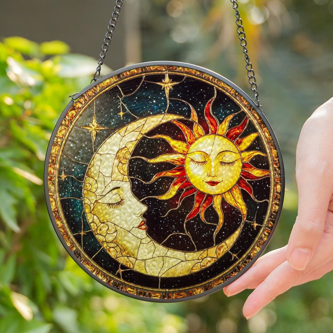 Vintage Sun Moon Stained Glass Suncatcher for Window Hanging Suncatcher ...