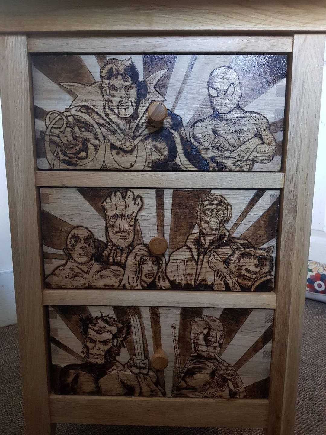Marvel Superhero 3 Drawer Bedside Table Pyrographed Furniture Bedroom ...
