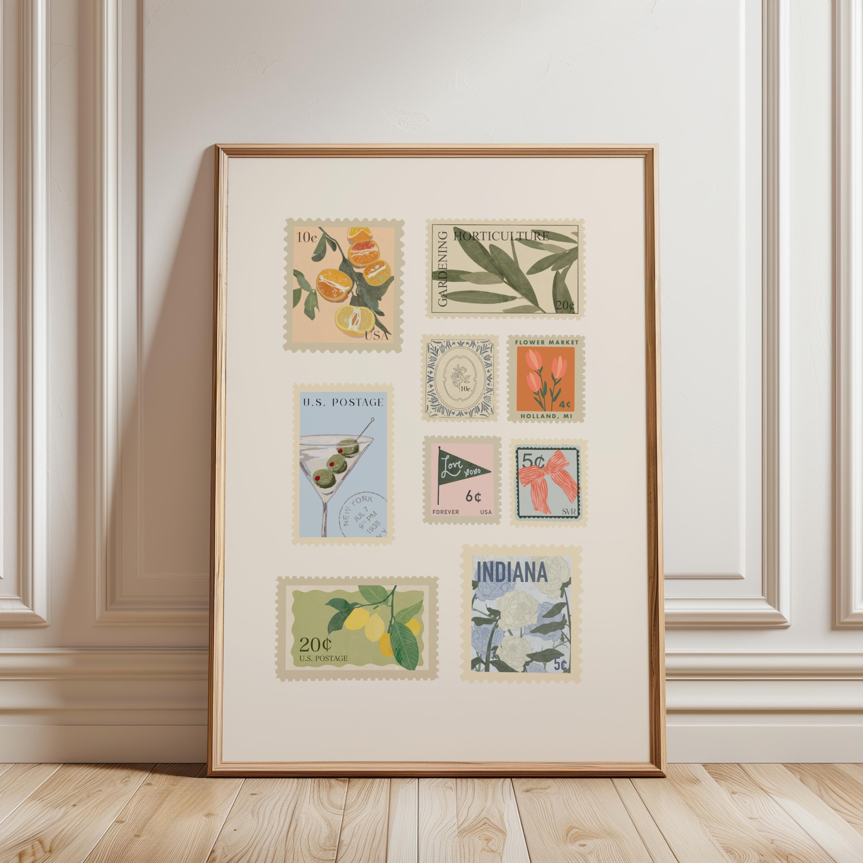 Vintage Postage Stamp Wall Art, Retro Stamps Print, Travel Stamp Poster ...