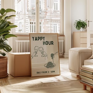 Yappy Hour Print Retro Kitchen Wall Art Wine and Pasta Print Chic Bar ...