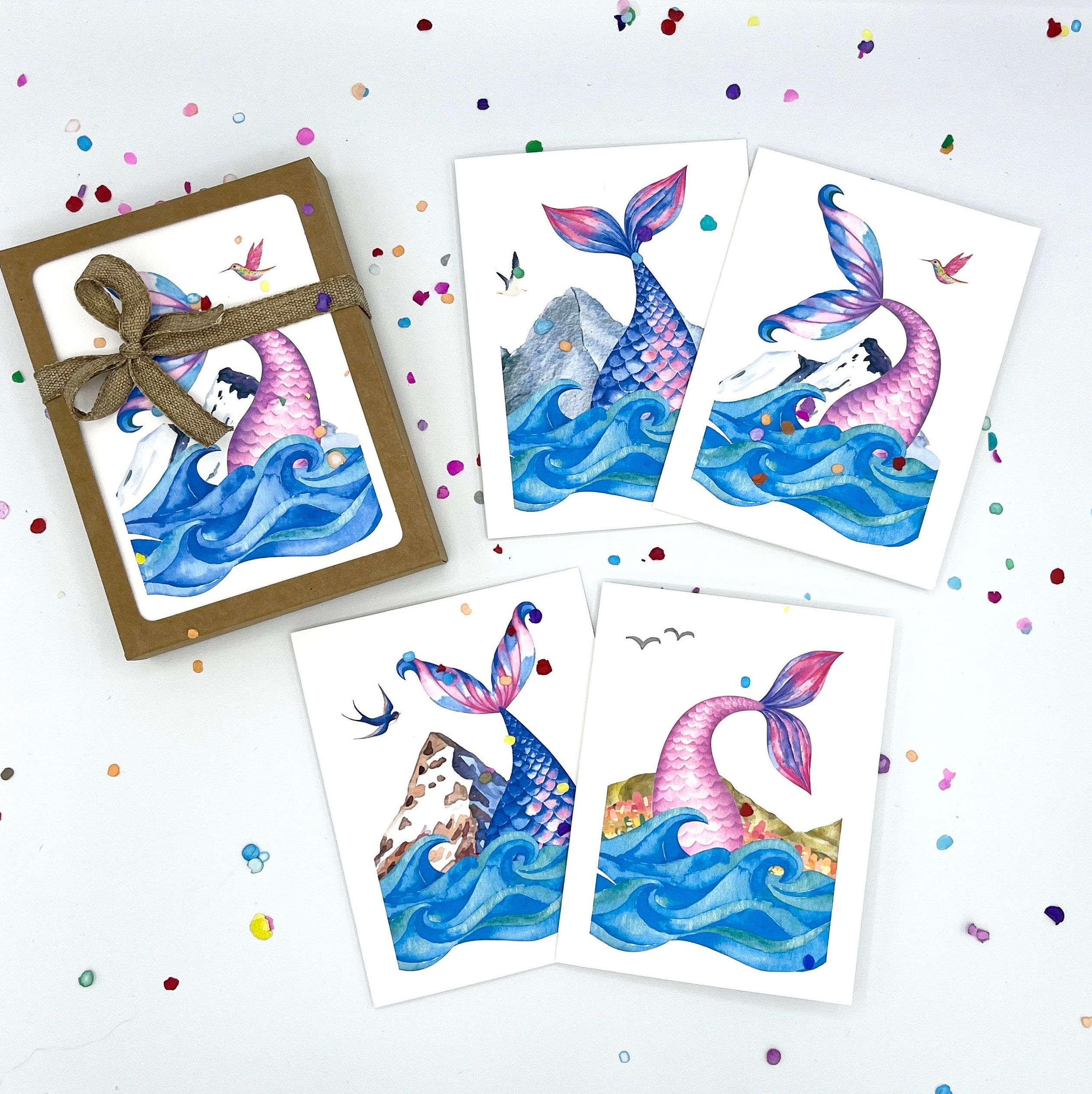 Mystical Mermaid Birthday Greeting Card Set Sweet Mermaid Watercolor ...