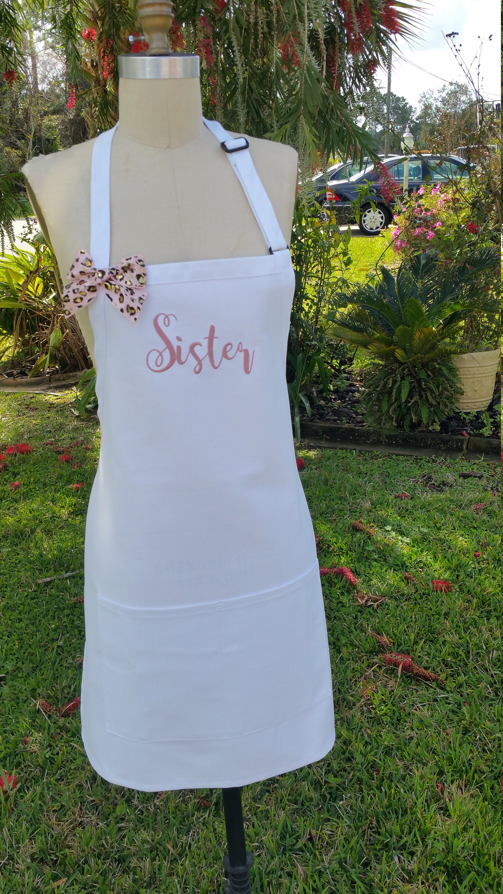 Sister White Apron Embroidery in Rose Thread Color / Leopard and Rose ...