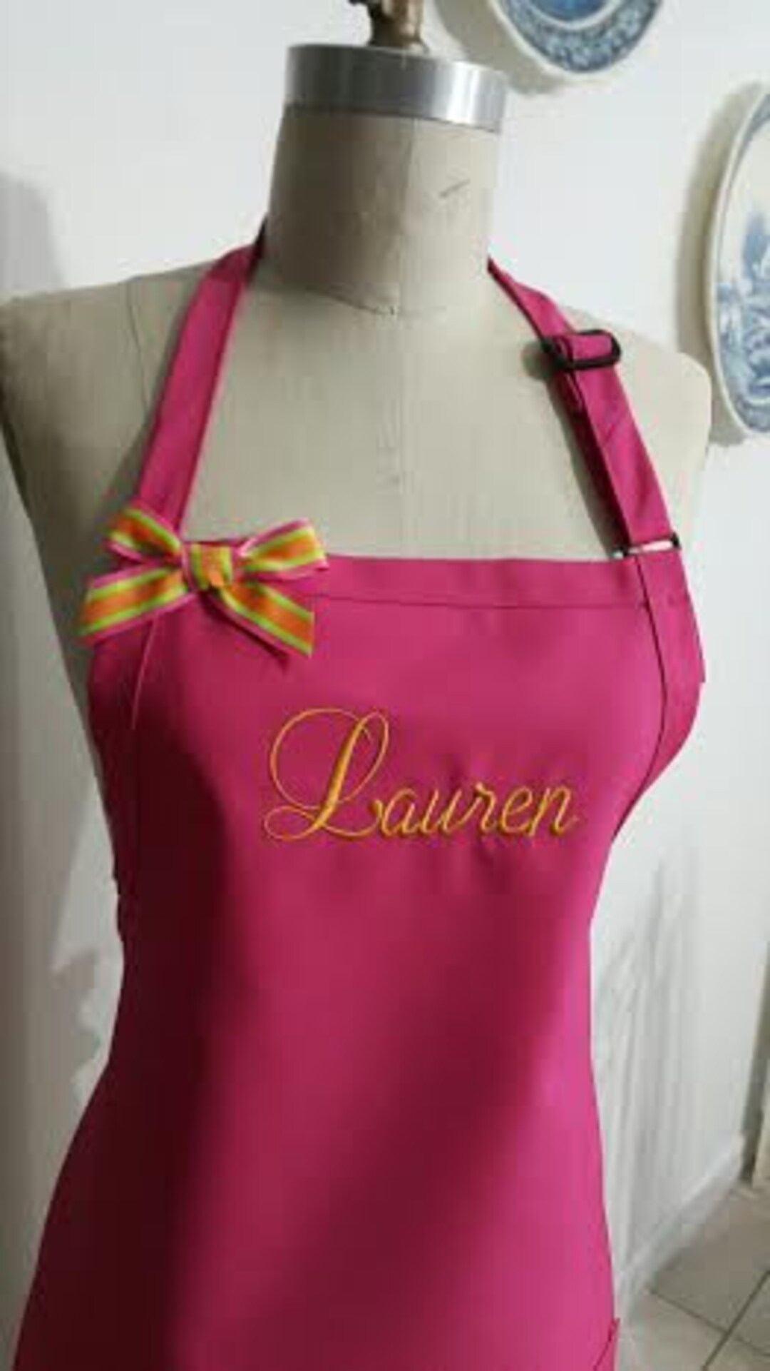 Fuchsia and Gold Women's Personalized Apron/ Hot-pink Apron Embroidery ...