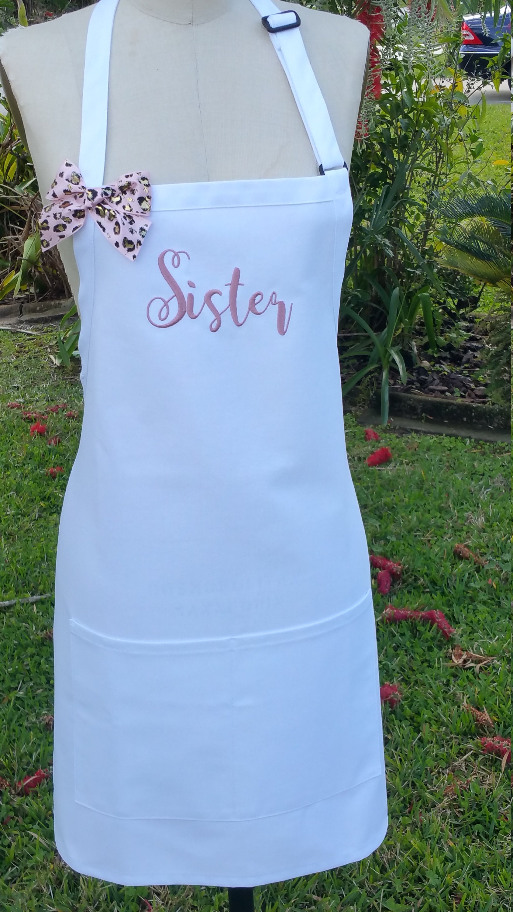 Sister White Apron Embroidery in Rose Thread Color / Leopard and Rose ...
