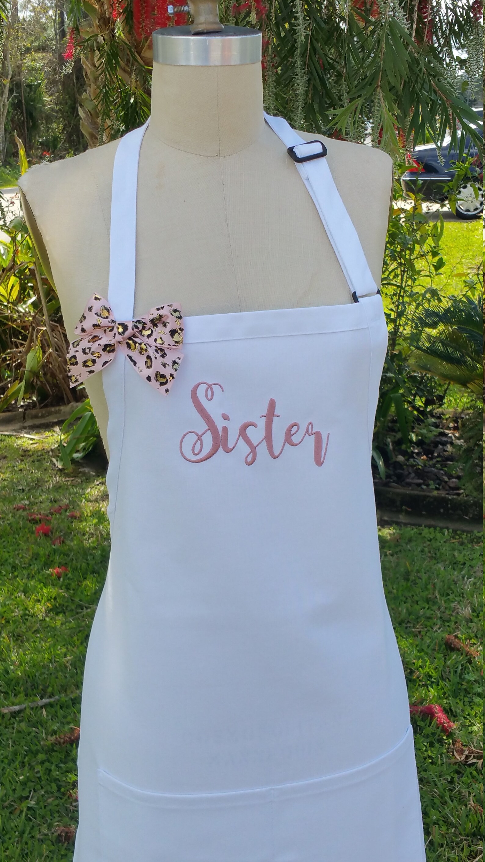 Sister White Apron Embroidery in Rose Thread Color / Leopard and Rose ...