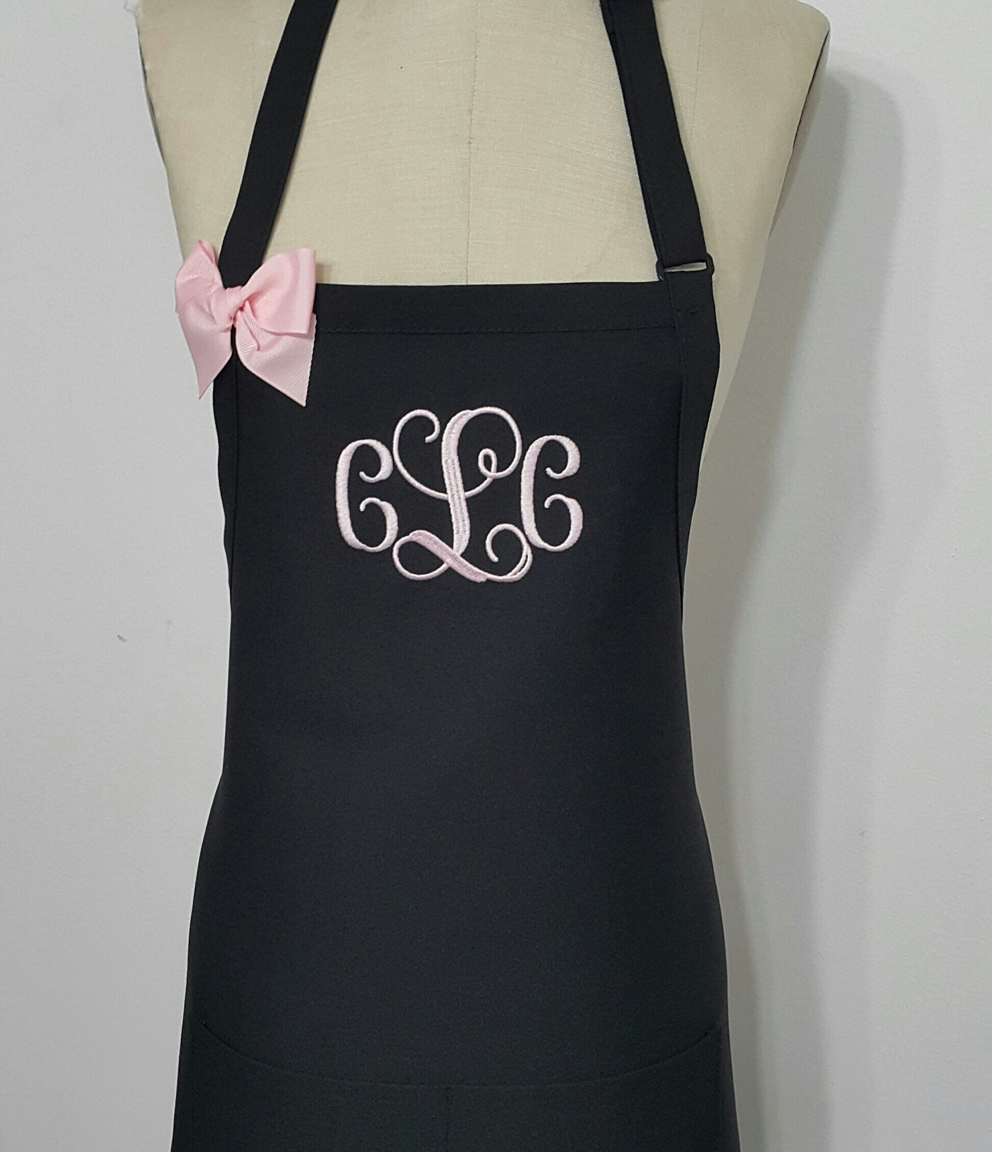 Black Monogrammed Apron Embroidery in Pink Thread and Pink Bow ...
