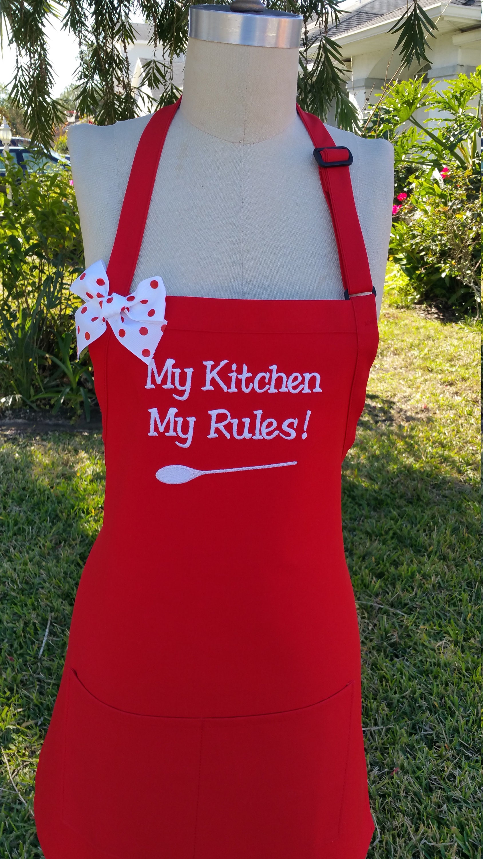 My Kitchen My Rules Red Apron Embroidery in White Thread | Etsy