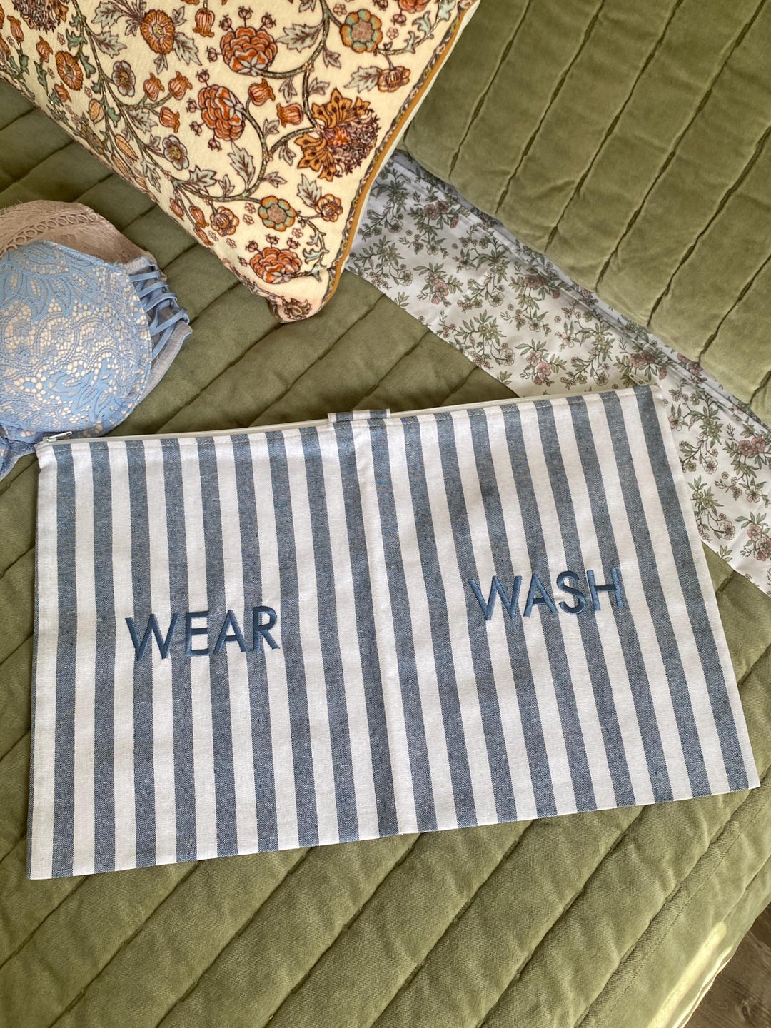 Linen Lingerie Travel Bag/ Wear & Wash Lingerie Bag/ Blue and White ...