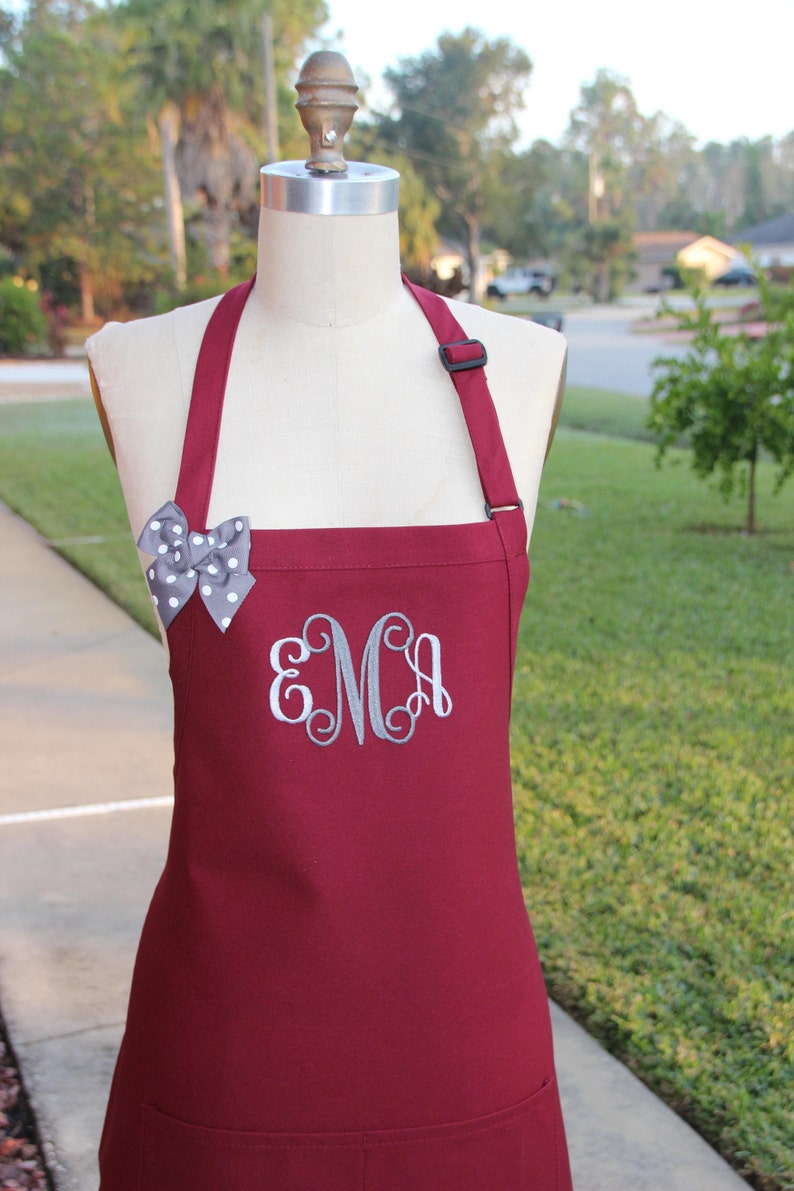 Monogram Maroon Apron With Charcoal and Silver Embroidery Thread/ Polka ...