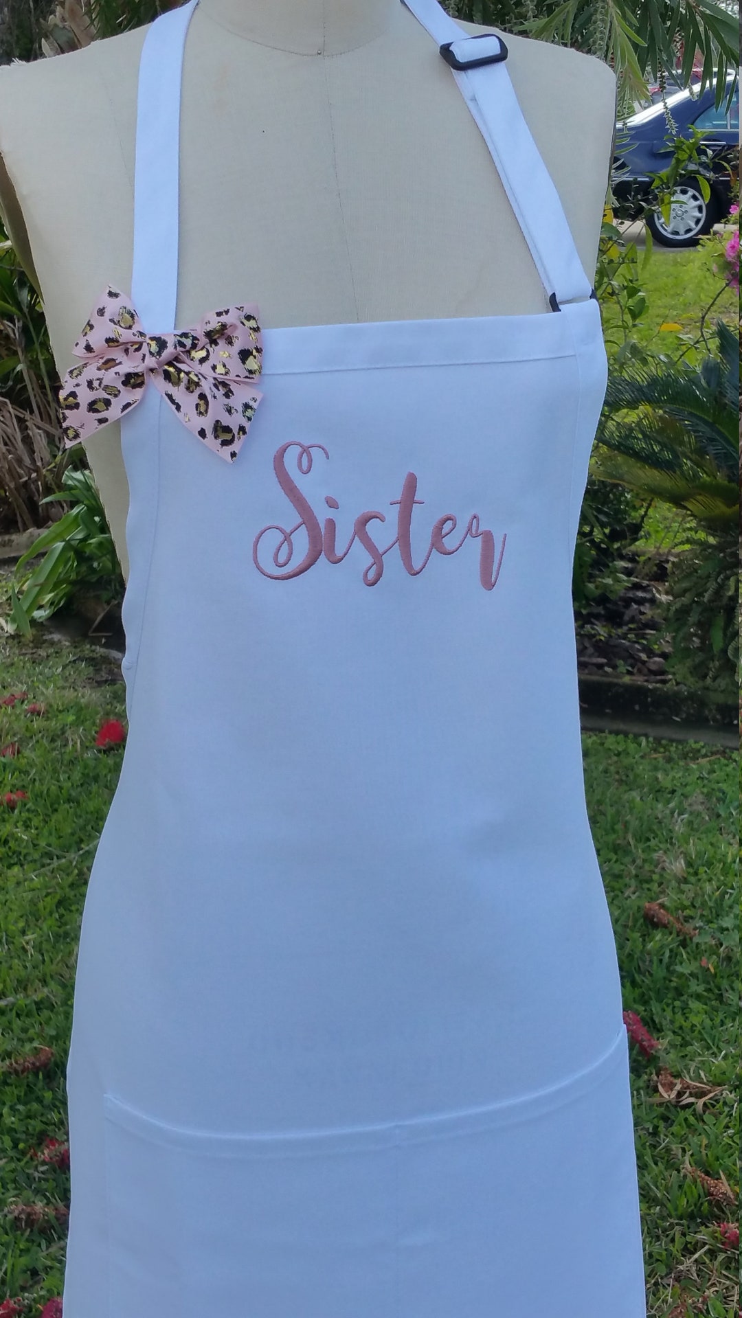 Sister White Apron Embroidery in Rose Thread Color / Leopard and Rose ...