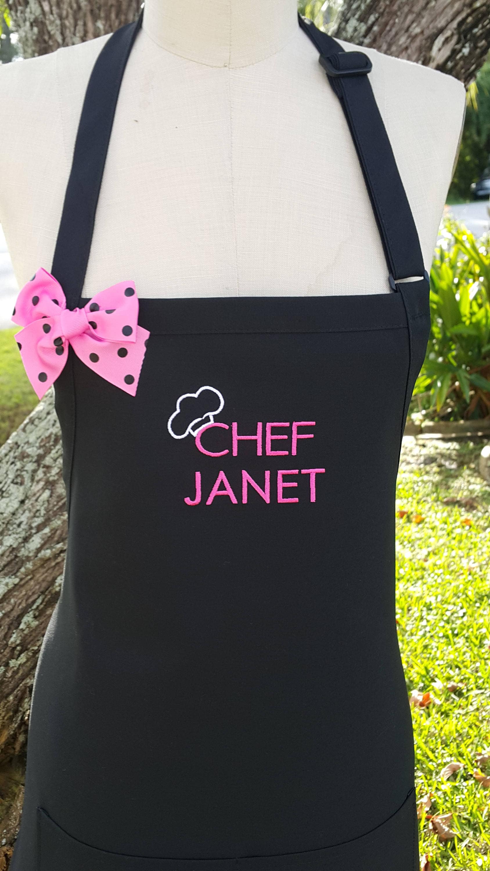 Chef Janet Personalized Apron . Black Apron Embroidery in Pink | Etsy