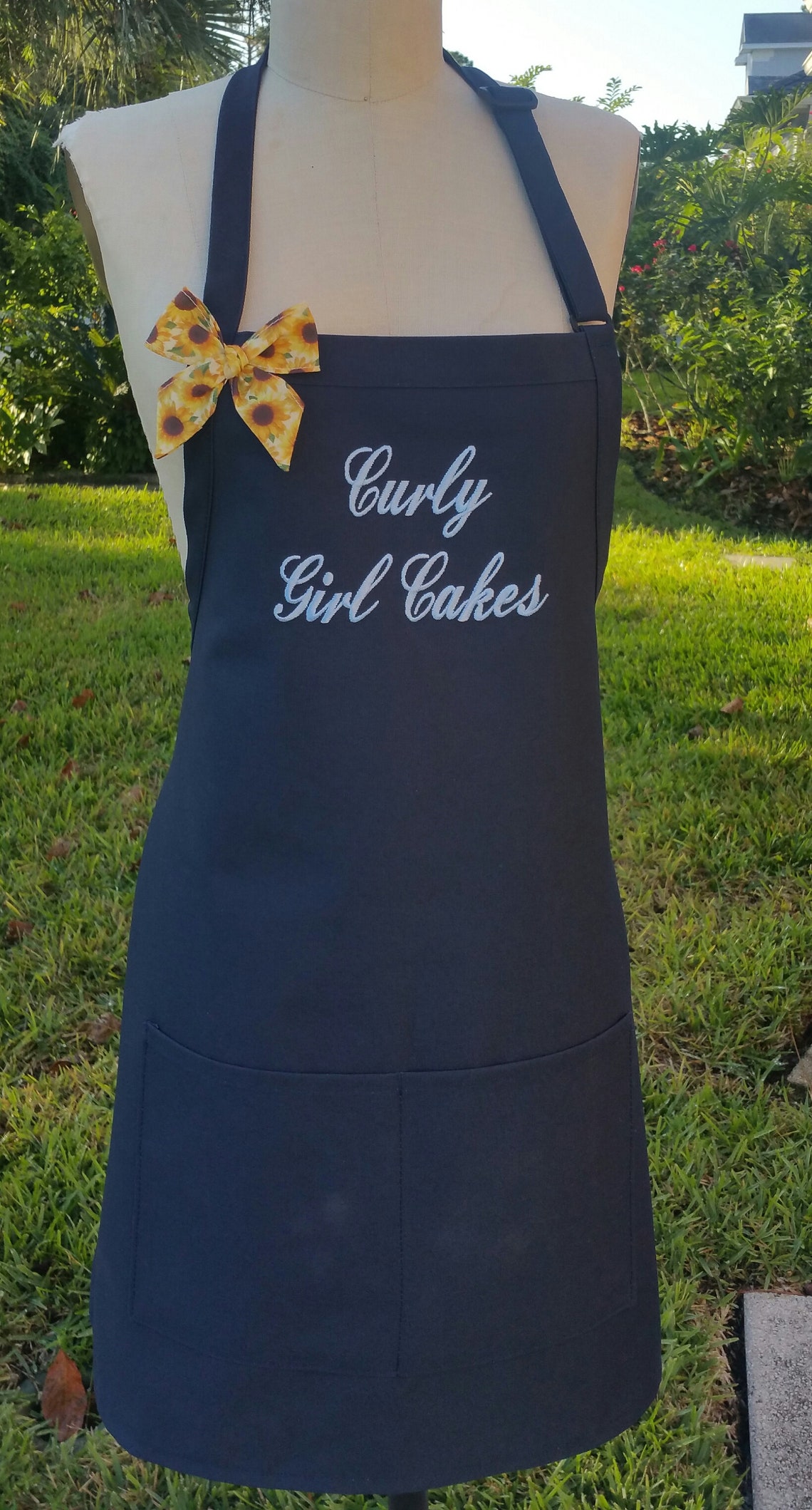 Navy Blue Apron Embroidery in Light Blue Baby Sunflowers Bow - Etsy