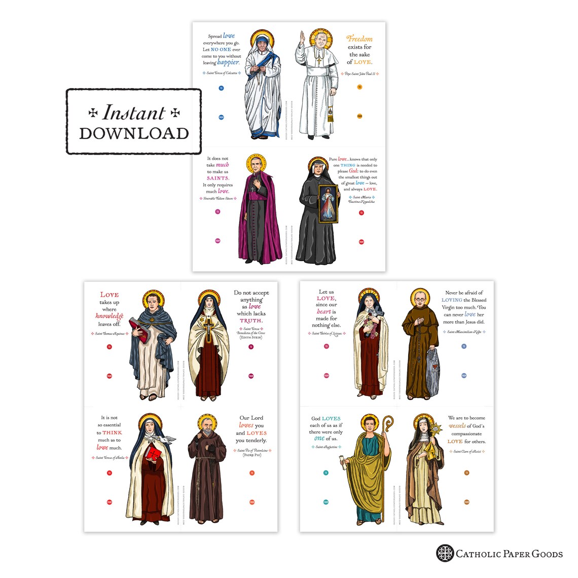 Catholic Saints Valentine Exchange Cards Bundle of 36 Full Color ...
