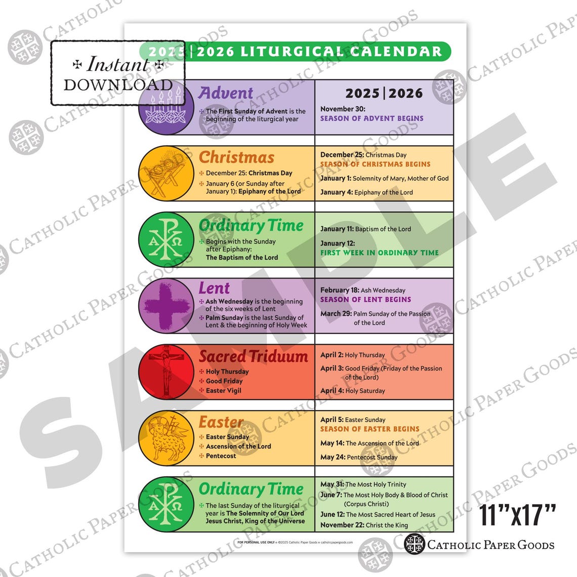 Catholic Liturgical Calendar 2025-26: 11x17 Color Poster (digital ...