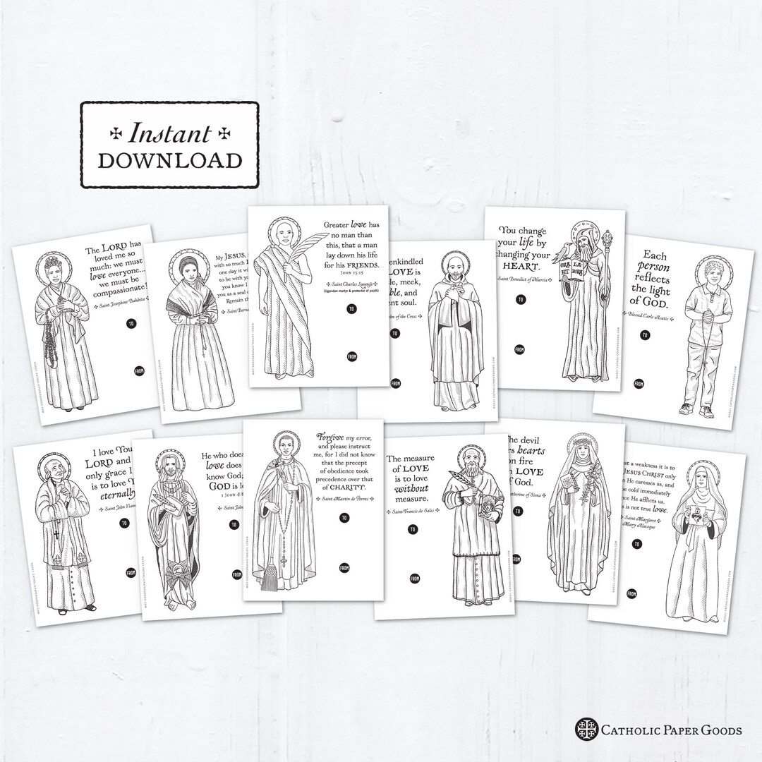 Catholic Saints Coloring Page Valentine Exchange Cards Set 2 ...
