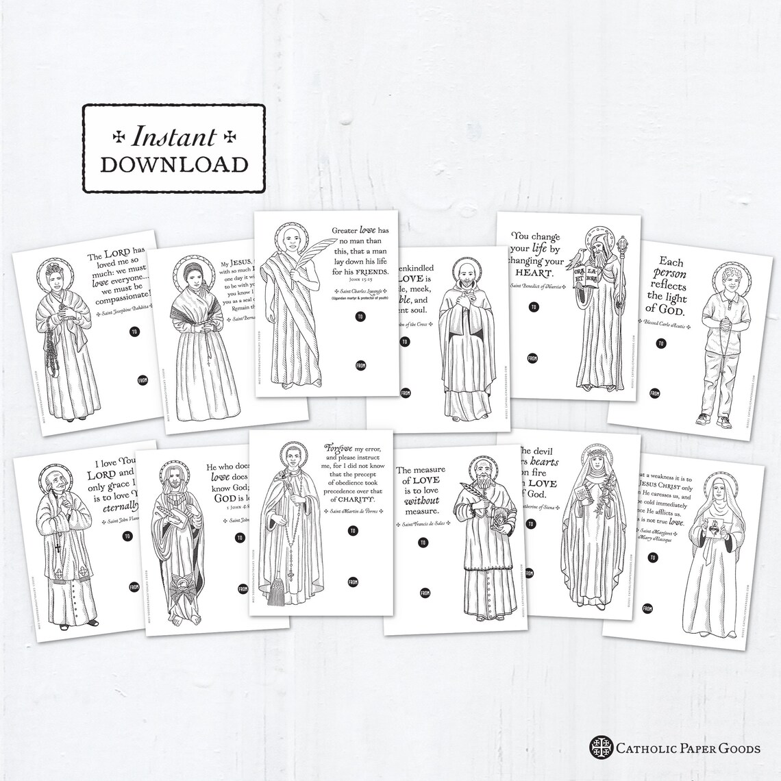 Catholic Saints Coloring Page Valentine Exchange Cards Set 2 | Etsy
