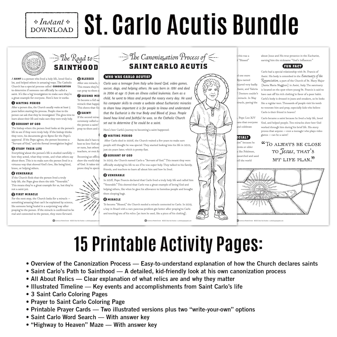 Saint Carlo Acutis Activity Bundle: Catholic Kids Printables (PDF ...