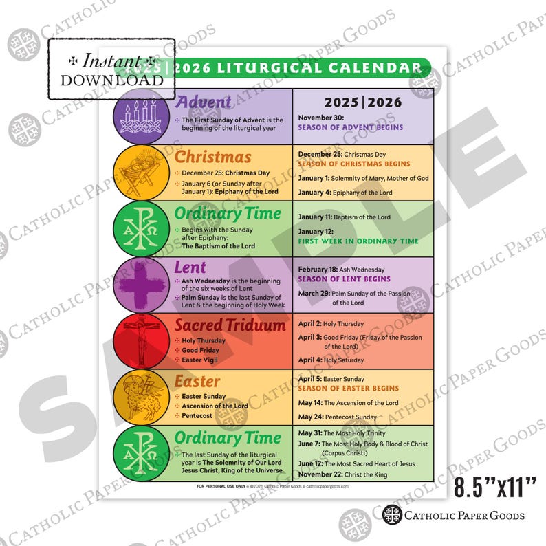 2025-26 Catholic Liturgical Calendar: Color & BW Printable (PDF 8.5x11 ...