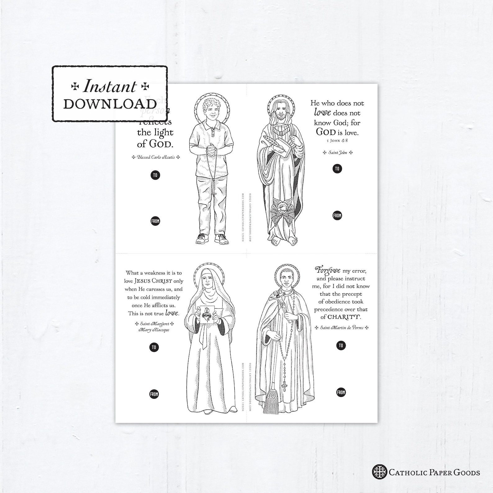 Catholic Saints Coloring Page Valentine Exchange Cards Set 2 | Etsy